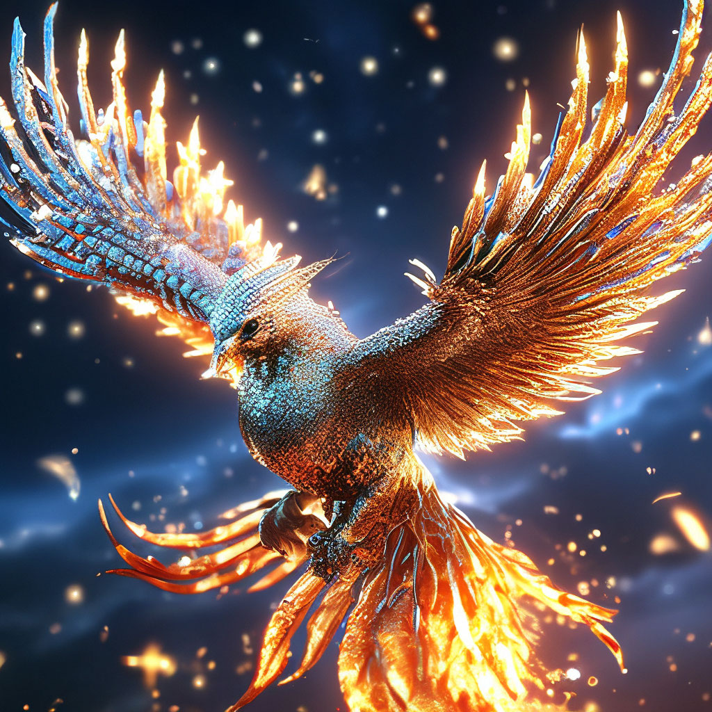 "Phoenix bird in flight,fire,night sky,stars,sparks,glow,high detail ...