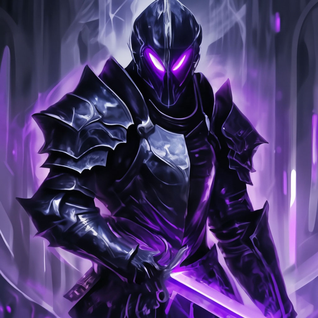 "A knight in dark armor with a magic sword the palette is purple and ...