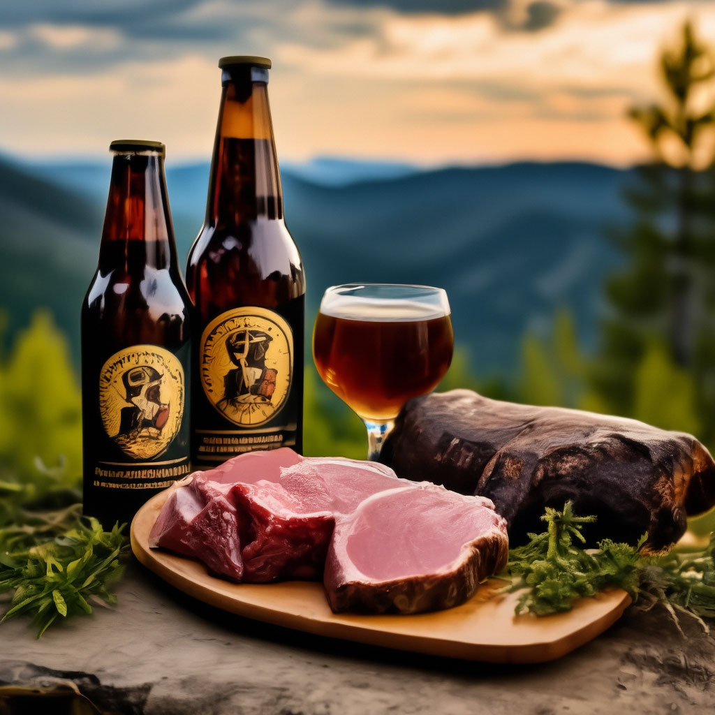 "Beer, pieces of dried boar, Athanasius large on the label, a boar with ...