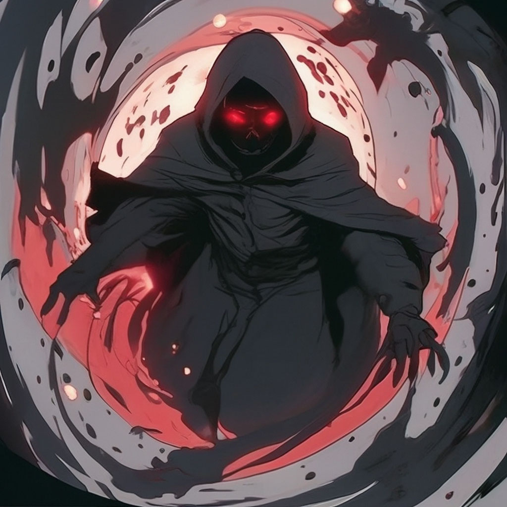 "A mysterious black entity with red eyes in a hood falls into a black ...