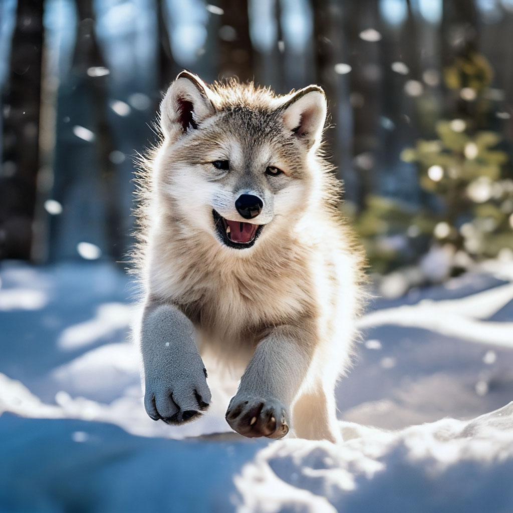 "Cute playful white fluffy wolf cub in…" — image created in Shedevrum