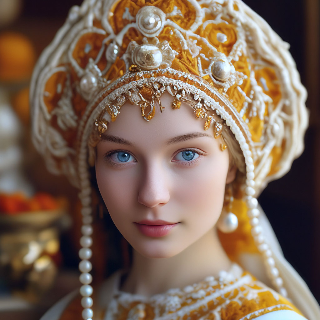 "Hyperrealism, professional photo, russian kokoshnik, embroidery, cream ...