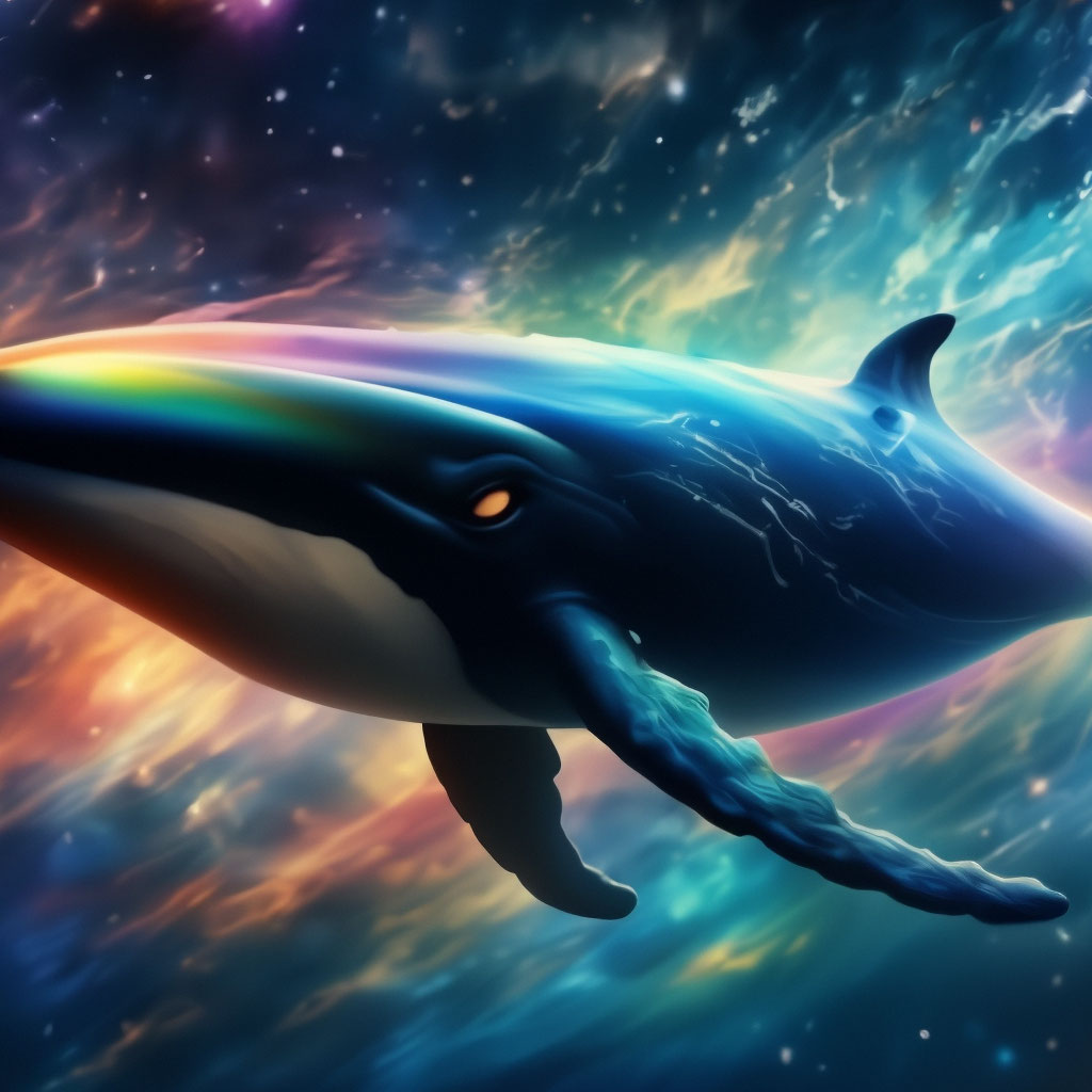 "Beautiful big whale flying in space among the stars, rainbow glow ...