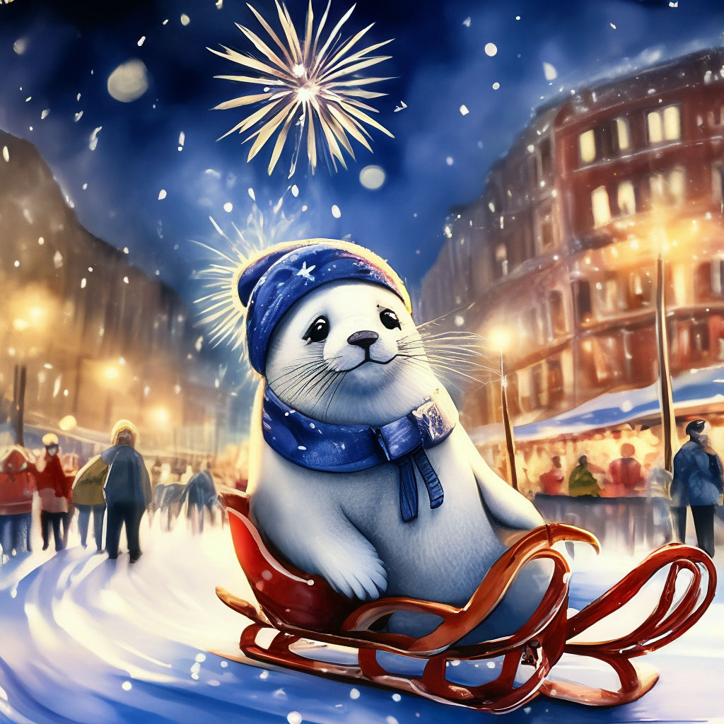 "A cheerful creep seal in a hat and scarf rides on a sleigh against the ...