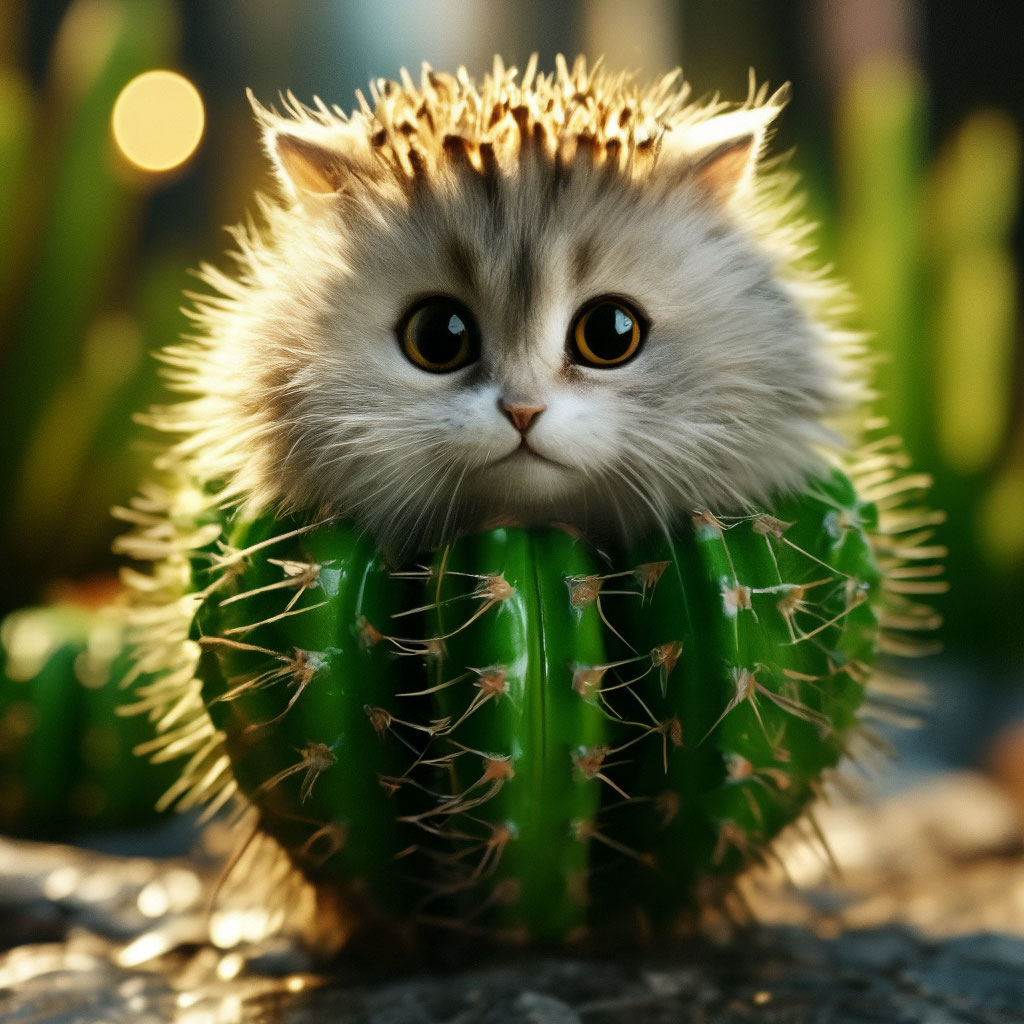 "CGI, funny green spherical cat in the form of a flowering cactus, Cats ...
