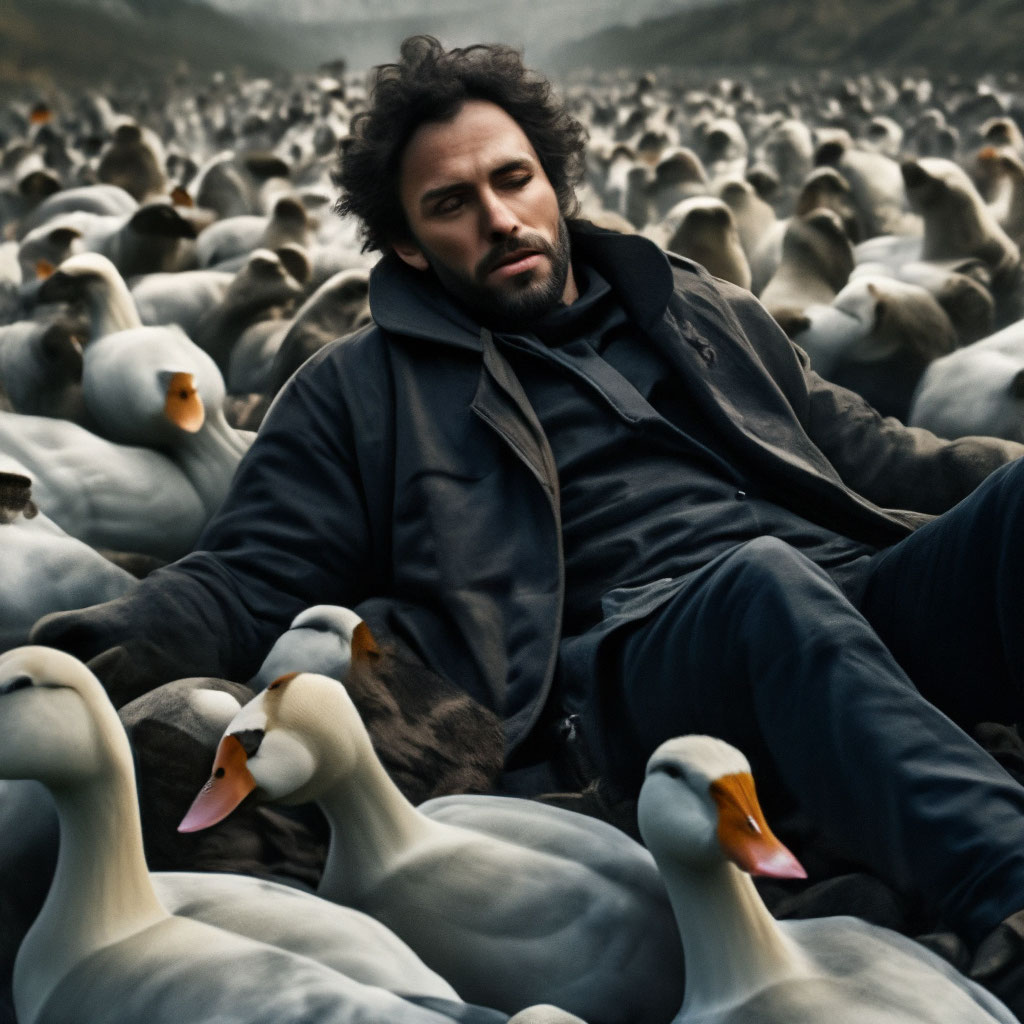 "A man lying on geese" — image created in Shedevrum