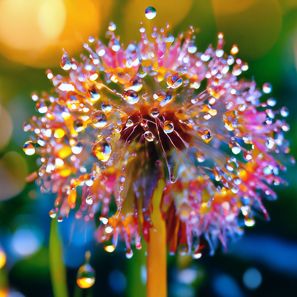 "Hybrid of dandelion and rose, dew, amber water splashes, glare ...