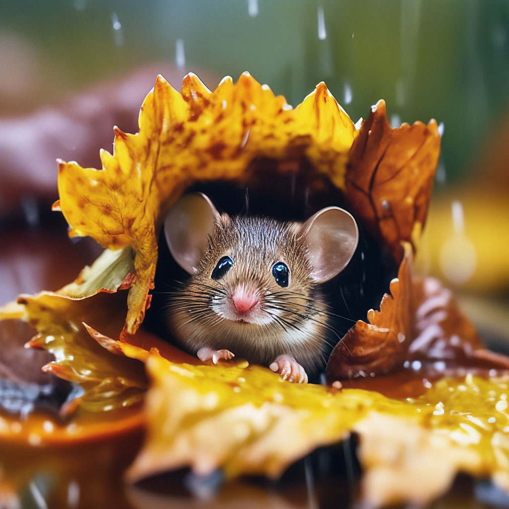 "Autumn, it's raining, A tiny fluffy mouse hiding under a leaf ...