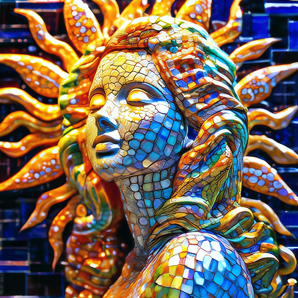 "Glass mosaic sun,with a female face, sophisticated technique, bright ...