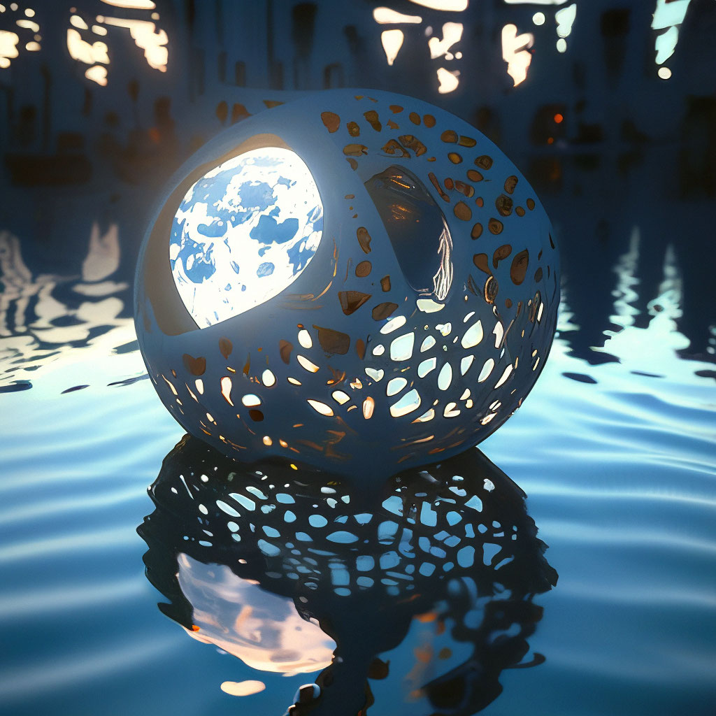 "An openwork moon, inside a fractal light, is reflected in the water ...