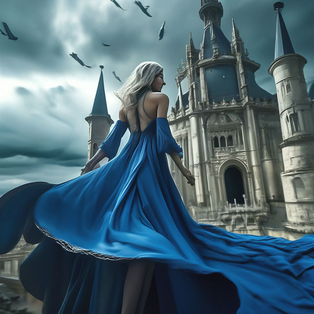"A witch in an old castle in a chic blue dress flies over the dome ...