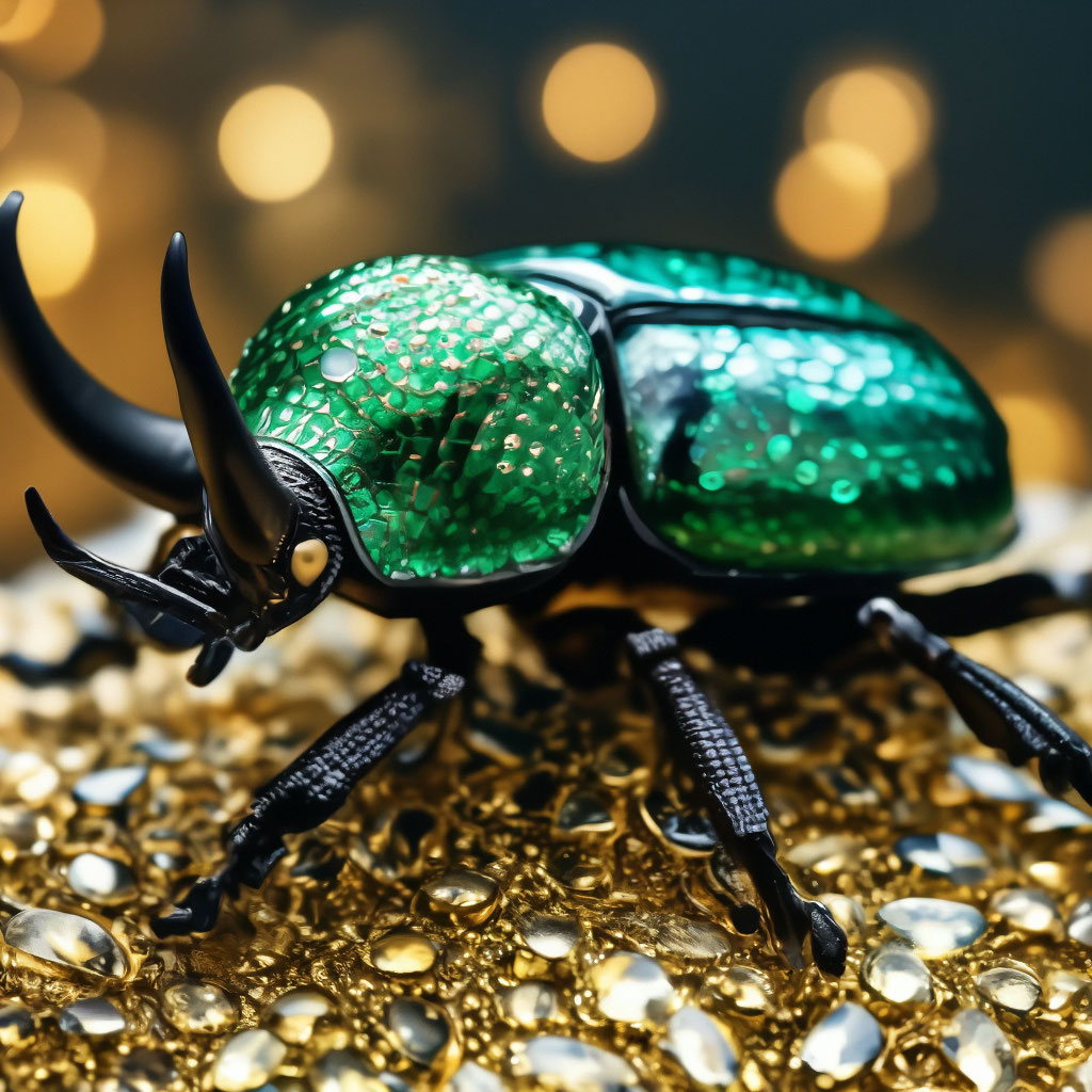 "A rhinoceros beetle made of precious stones, sits on a leaf of ...