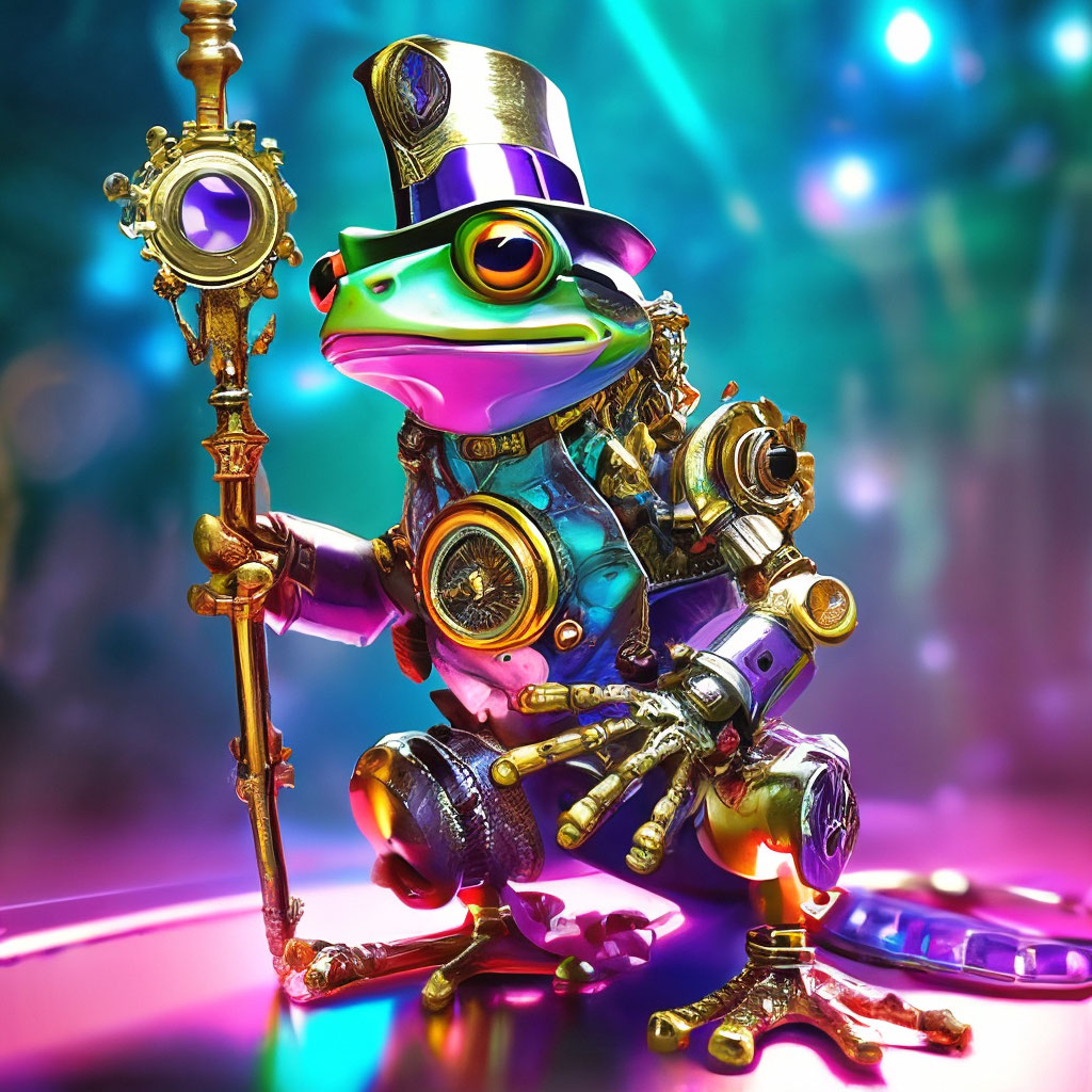 "In the background, a mechanical frog magician in the rays of ...