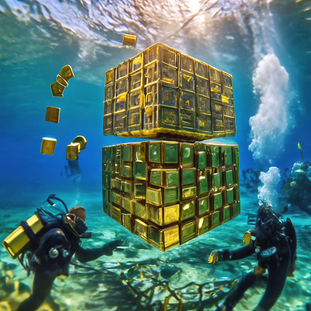 "Caribbean Sea,scuba divers take out golden Rubik's cubes from a sunken ...