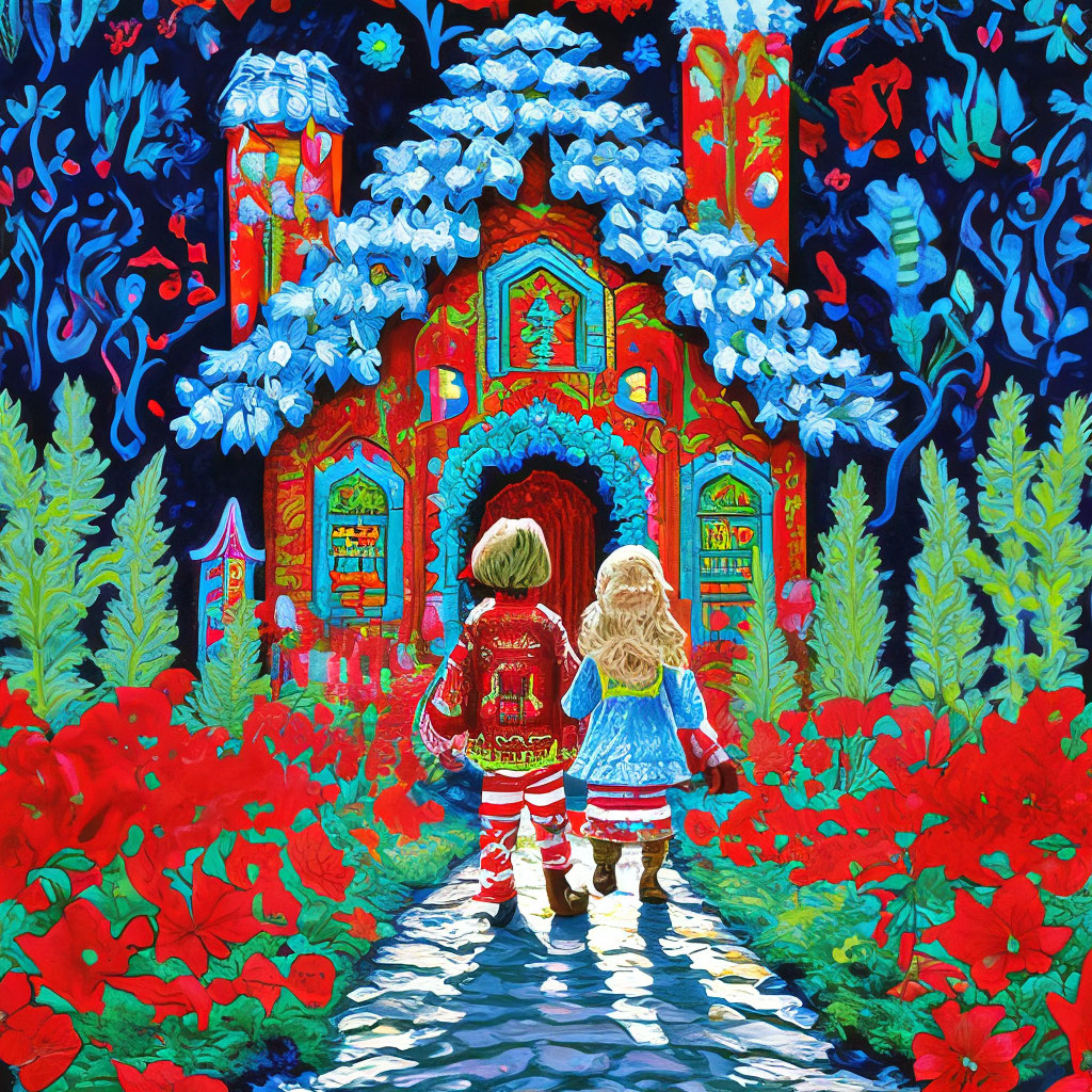 "Hansel and Gretel a boy and a girl walk along the path to the ...