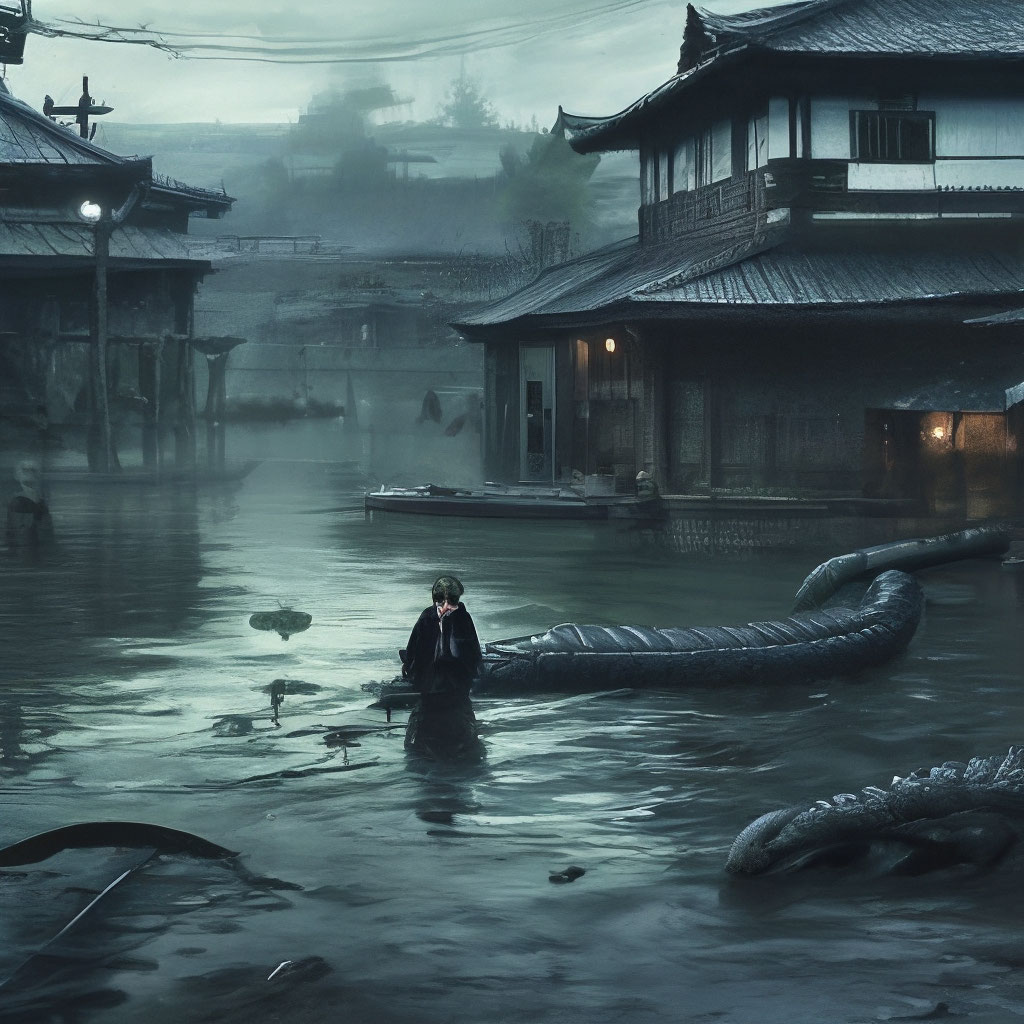 "Dark waters, aligator quagmire horror in Japanese style" — image ...