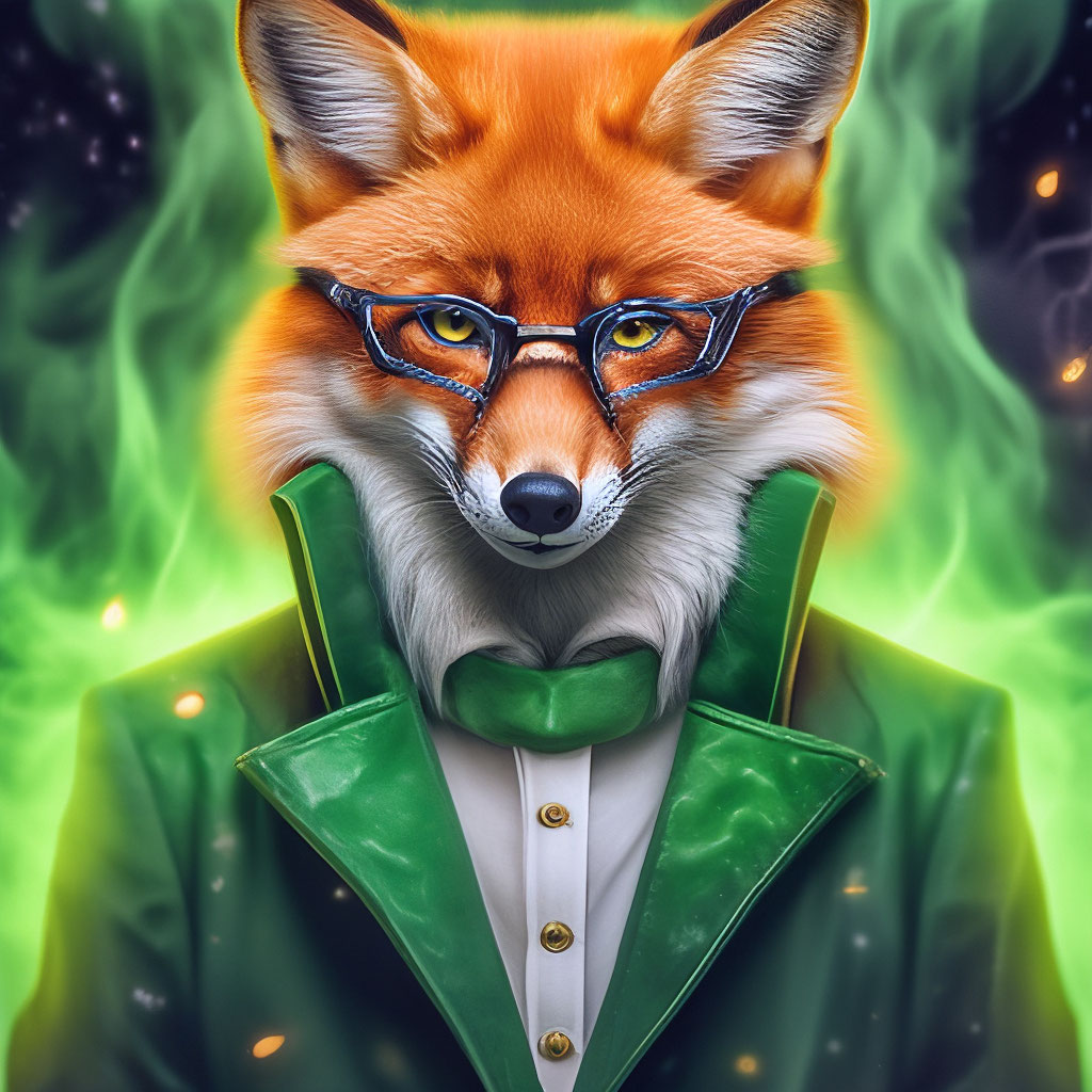 "Surrealism, fantasy, magic, red fox, in a jacket with a raised collar ...