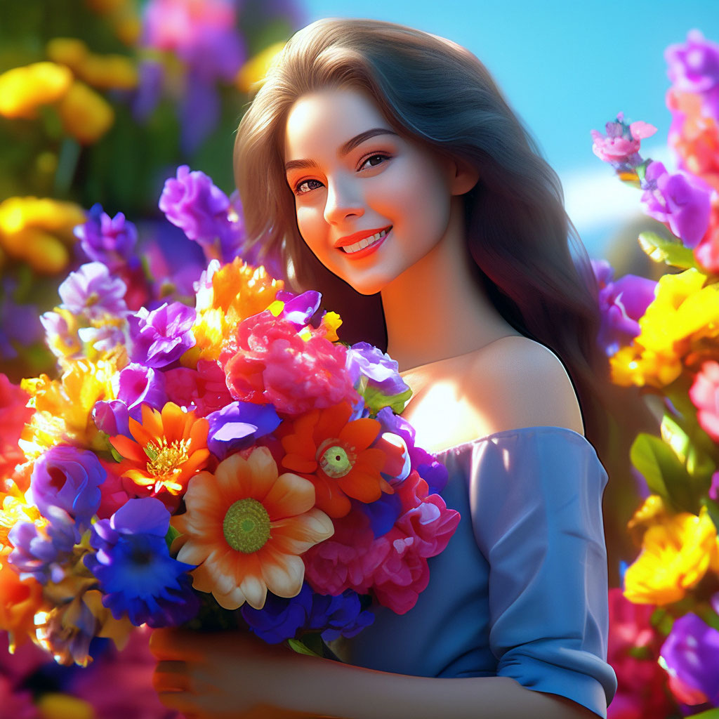 "A girl with a beautiful bouquet of flowers , in unusual, saturated ...