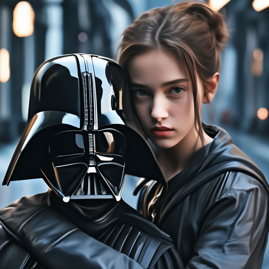 "A girl sadly embracing Darth Vader, a girl teenager with wide eyes ...
