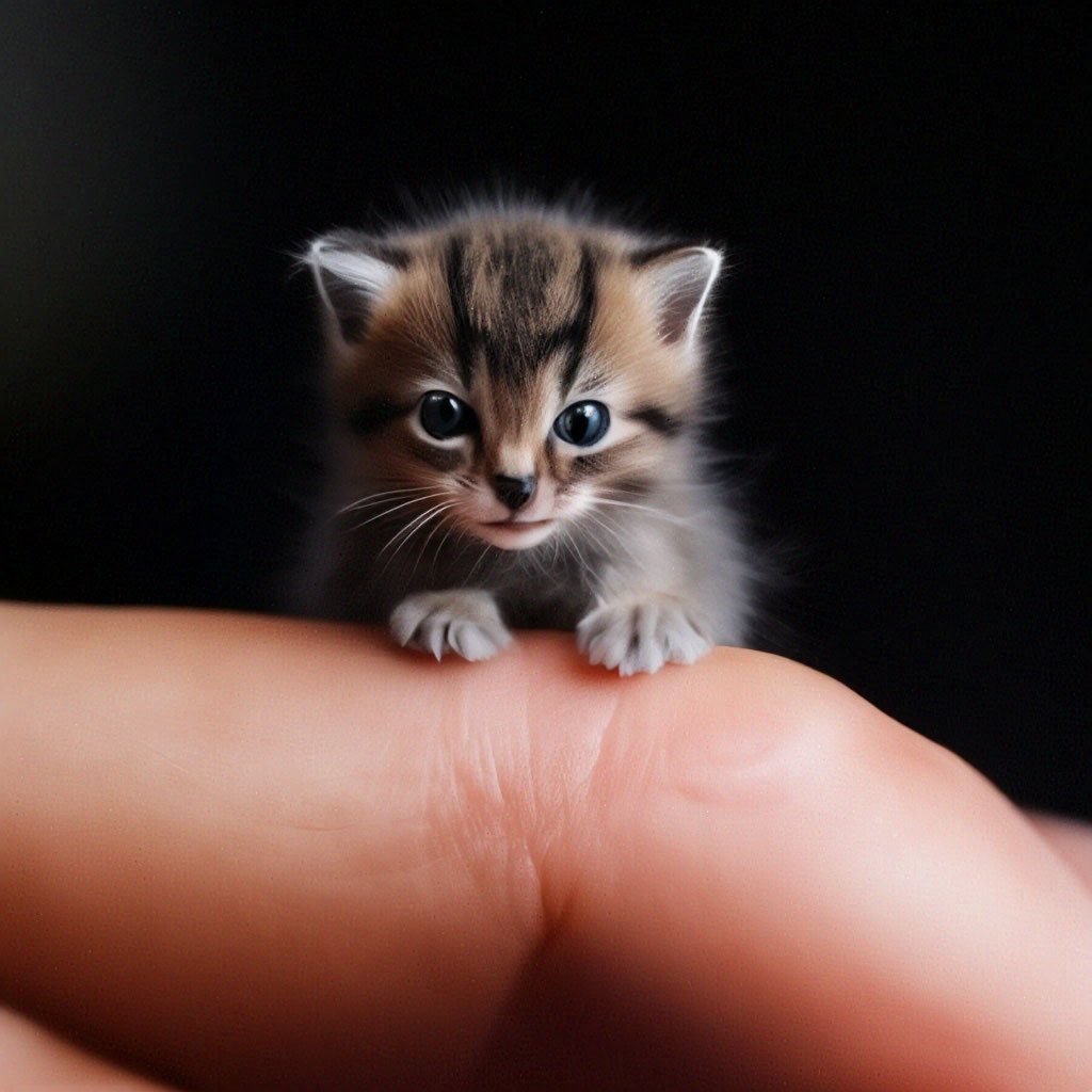 "A micro cat on a man's finger" — image created in Shedevrum