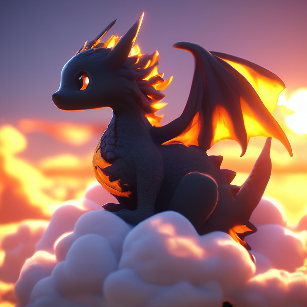 "A cute black fire dragon sits on a soft fluffy cloud, fabulous, high ...
