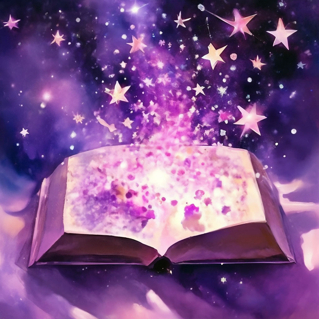 "A magical purple book, a magical pink-purple glow emanates from the ...