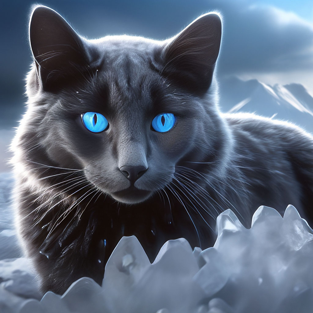 "Hyperrealism, black velvet cat,with a short mountain , crystal blue ...