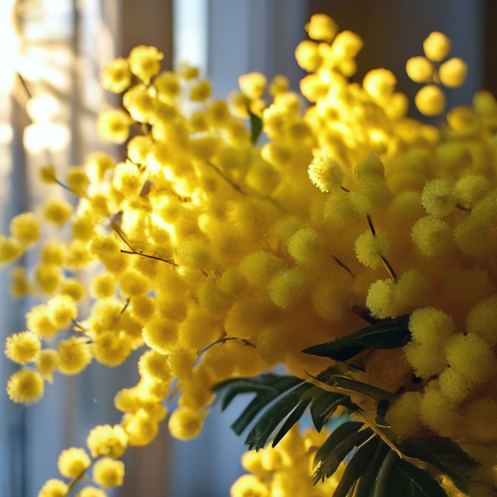 "Close-up, large bouquet of very fluffy yellow mimosa , sunlight, ray ...