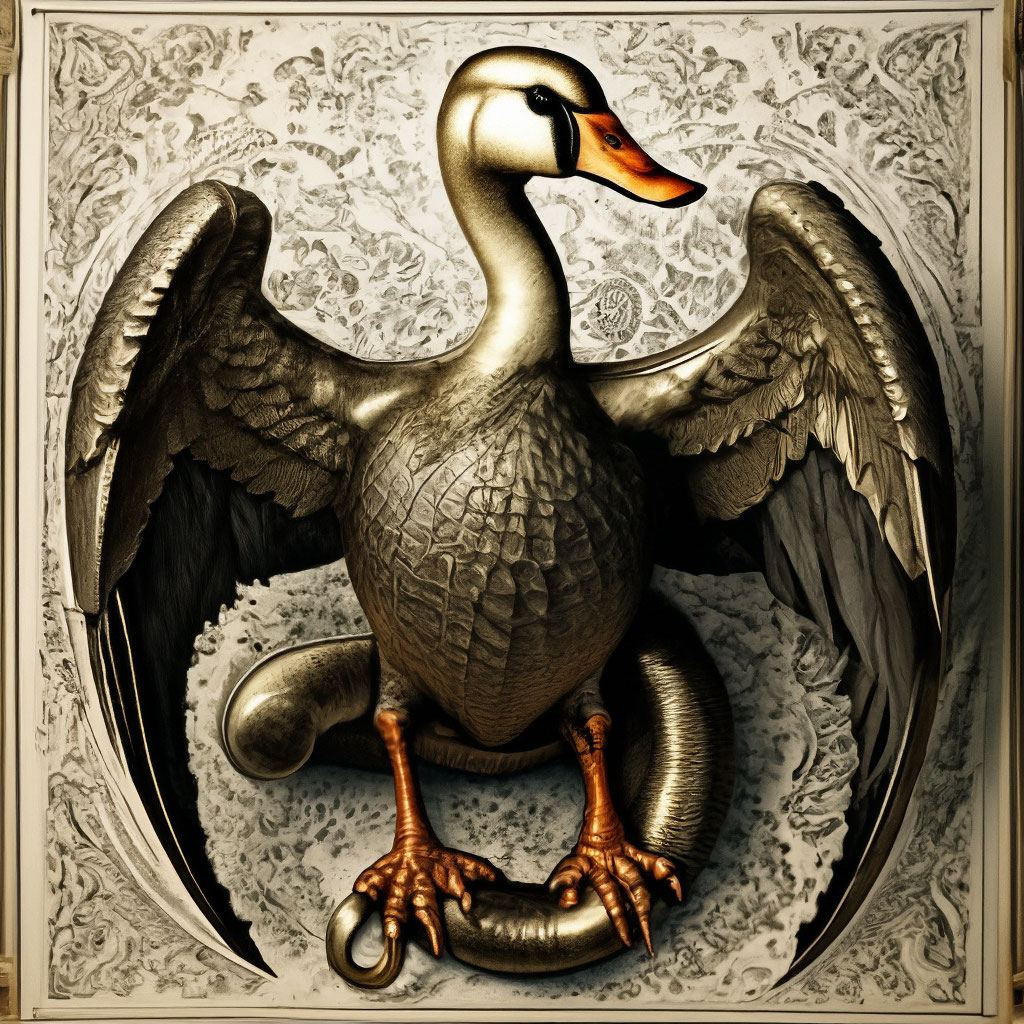 "Goose with a sword defeats a snake drawn in an old book, engraving ...