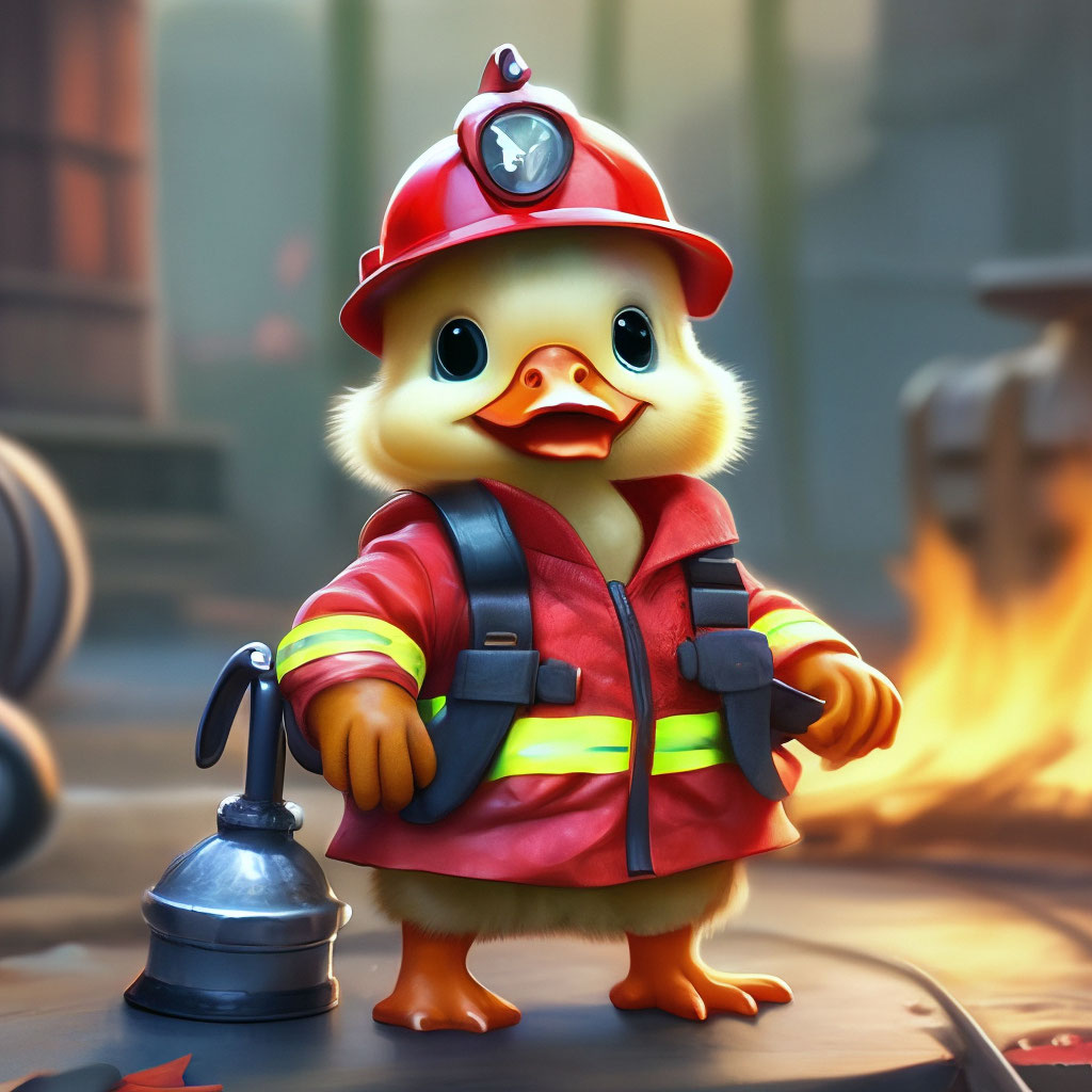 "Cute duckling fireman" — image created in Shedevrum