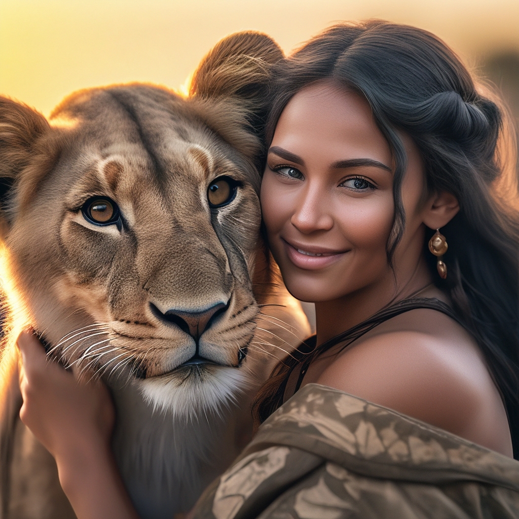 "Girl, in the savannah, small wrinkles on her face, embracing a lioness ...
