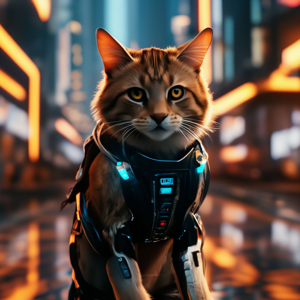 "A cat in a cyber city" — image created in Shedevrum