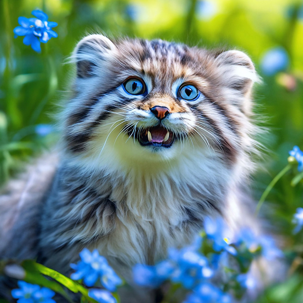 "Realistic cute fluffy smiling manul with a cub the baby cat manul with ...