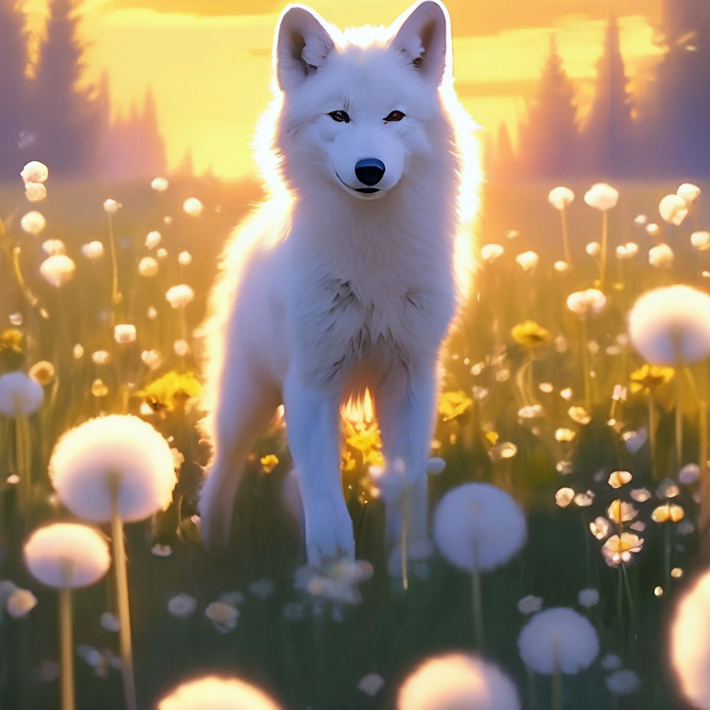 "A full-length white fluffy wolf cub in a clearing with white ...