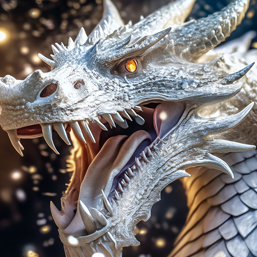 "Ancient realistic white dragon,long teeth, scales, glitter, sparks ...