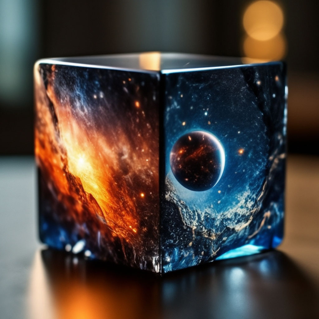 "Universe inside a cube, hyperrealism, iso 100, bright colors ...