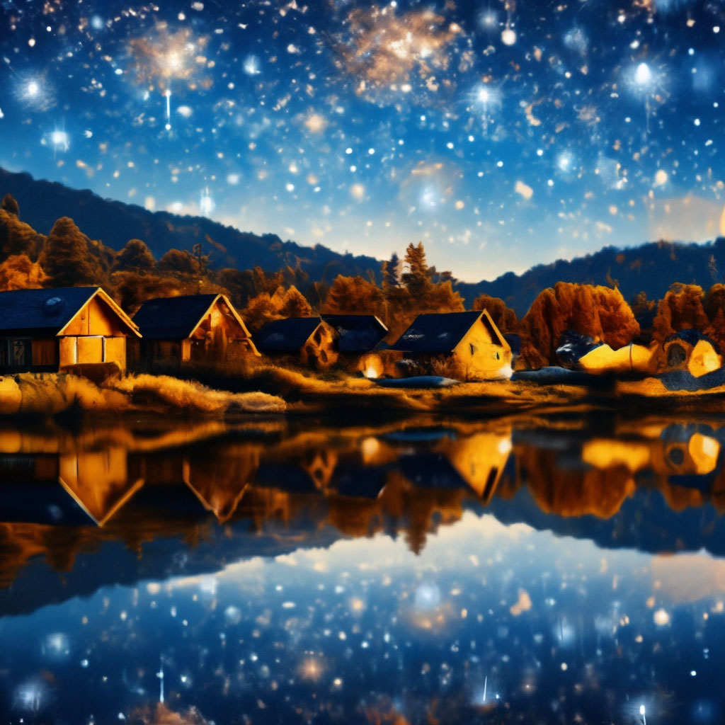 "A starry autumn night, the sky is reflected in the lake, against the ...