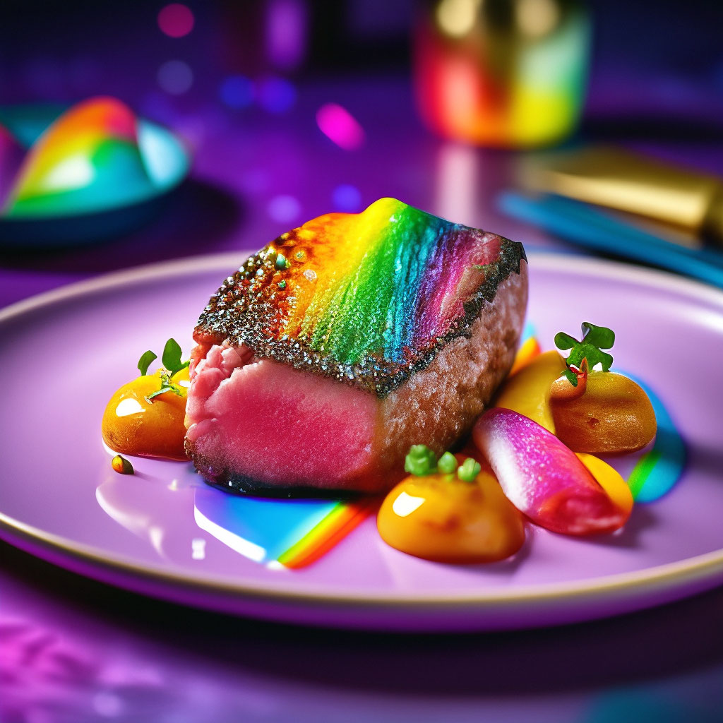"Unicorn fillet with rainbow sauce opal meat, piece, cut,fillet ...