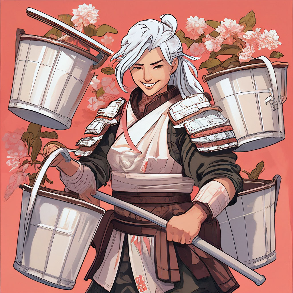 "Japan, samurai carrying buckets of water, very beautiful face ...