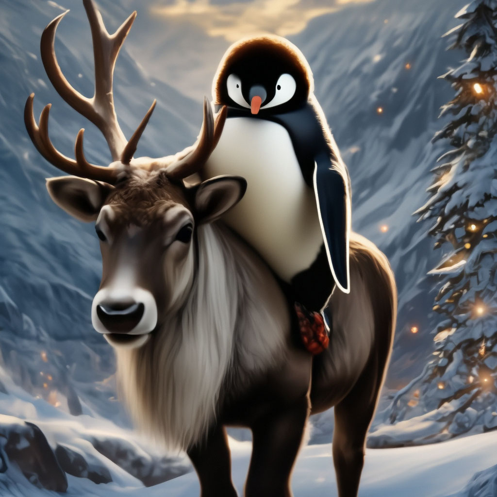 "Penguin on the back of a reindeer" — image created in Shedevrum