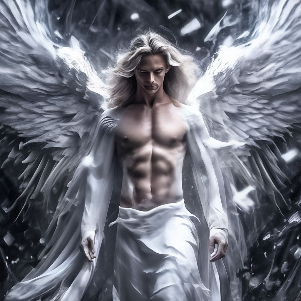"Hyperrealism, angel man, dusty fractal wind, disintegration effect ...