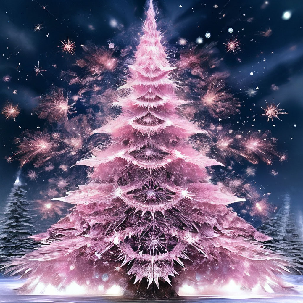 "Christmas tree made of fractal spiral crystal snowflakes, fireworks ...