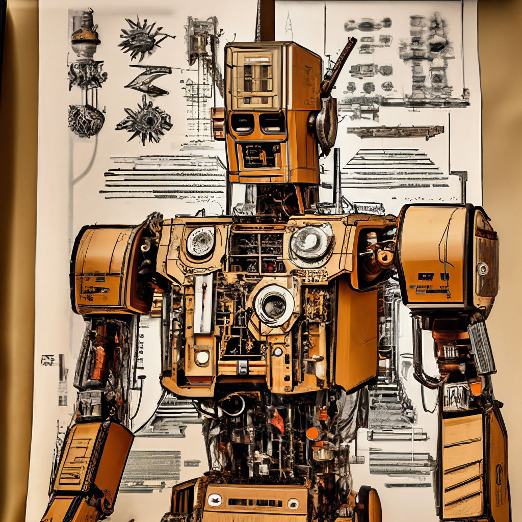 "A drawing of a cardboard robot, the basis is paper, whatman, more ...