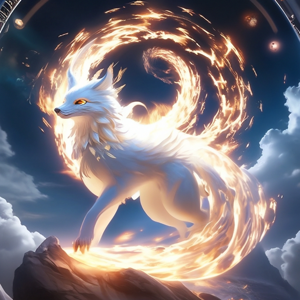 "Elegant white-fire kitsune fox with nine long wriggling tails flies ...