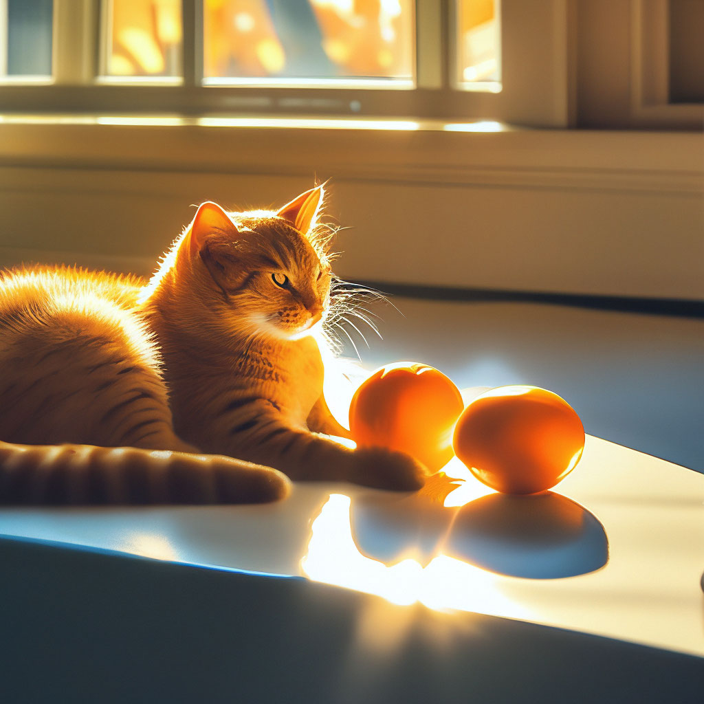 "Cat in high quality sun rays on the table with tangerine,ray tracing ...