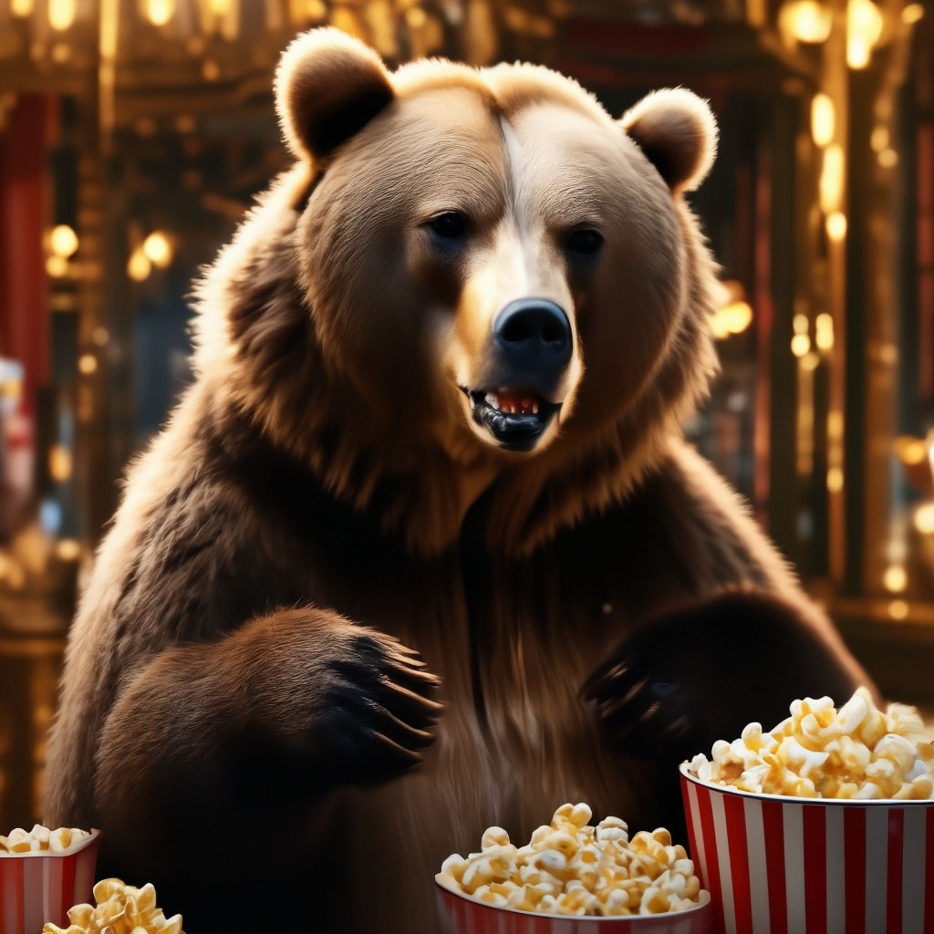 "The bear is eating popcorn" — image created in Shedevrum