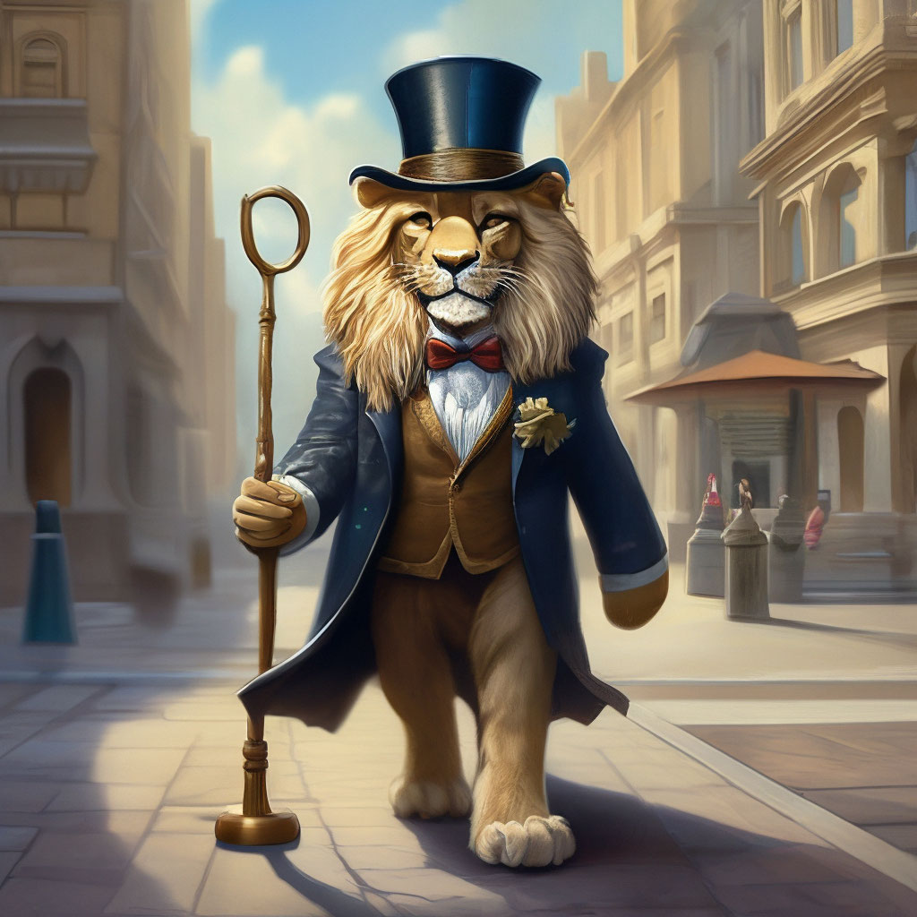 "Anthropomorphic wise lion in a top hat and glasses, walking with a ...