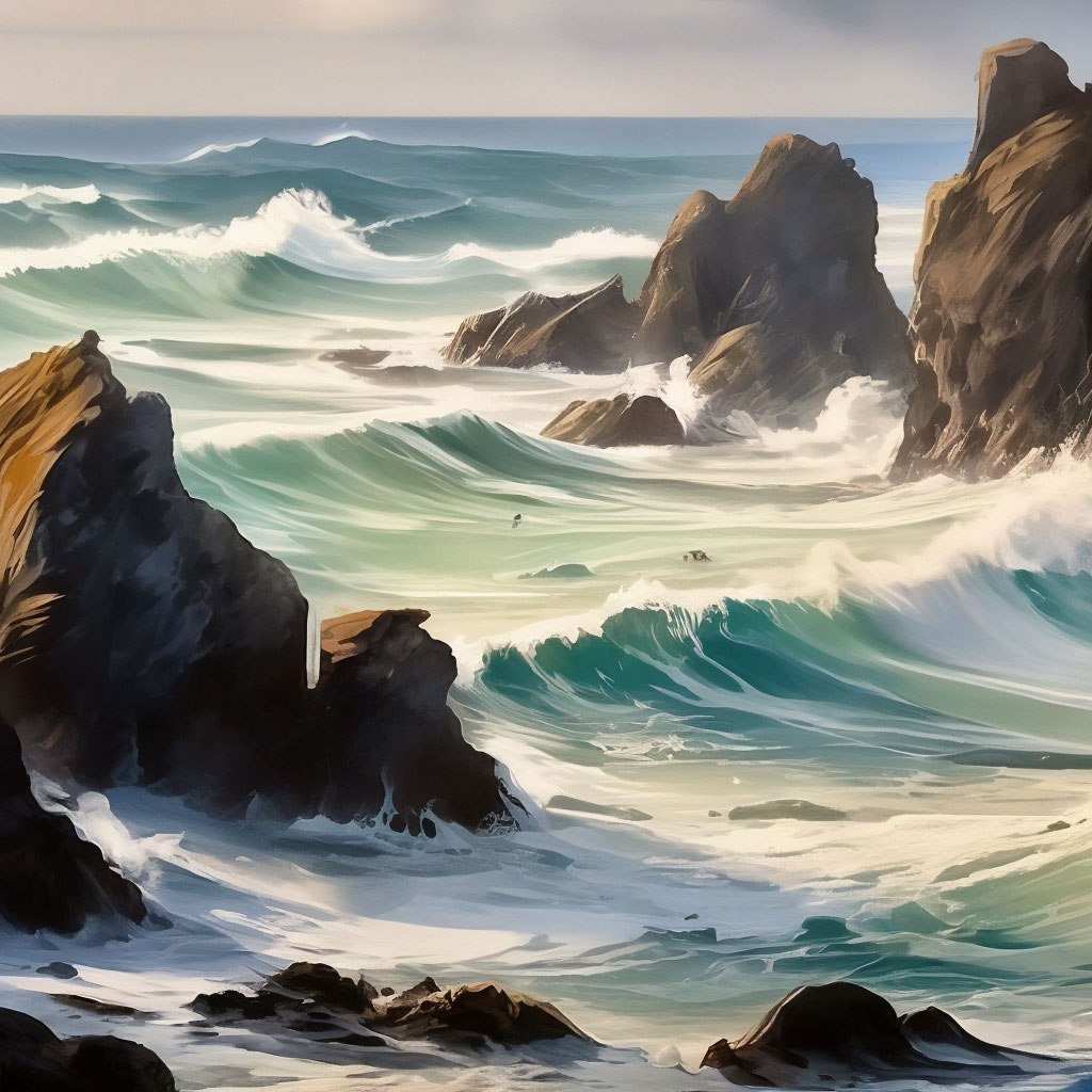 "Coastline, rocks, sea waves, watercolor and ink,detailed drawing, lots ...