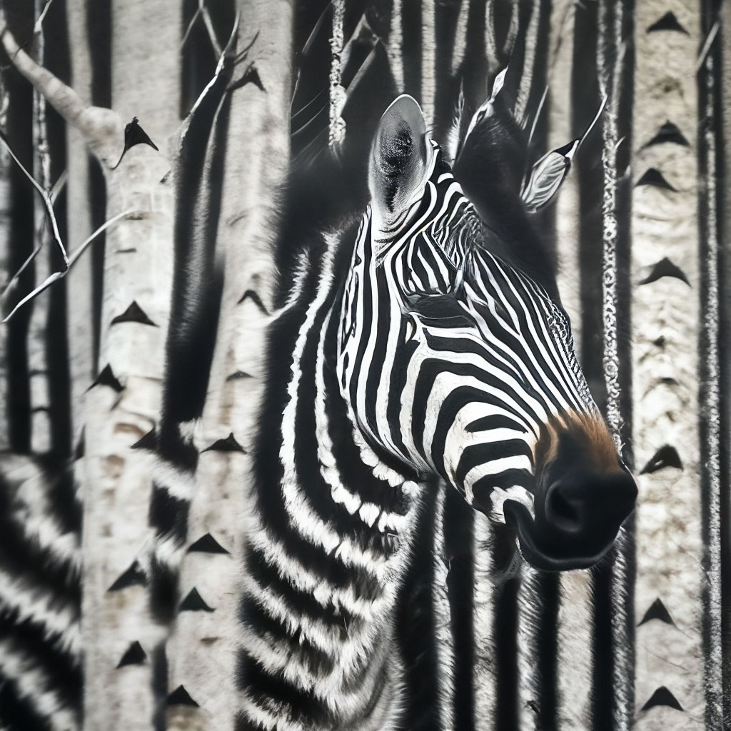 "Mimicry zebra among birch trunks, in the style of pointillism, zebra ...