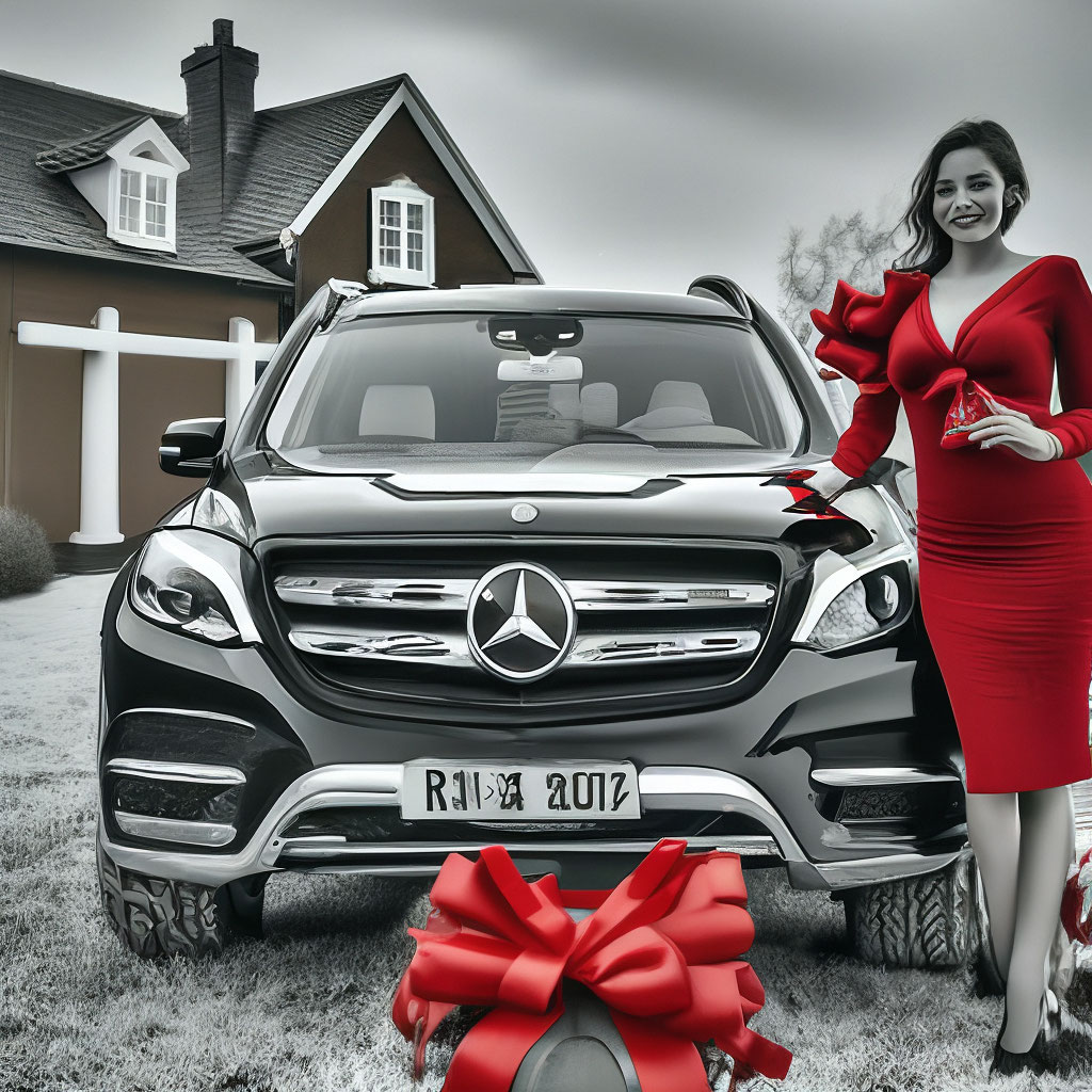 "B/w, country house, black Mercedes GLS with a red bow on the roof,a ...